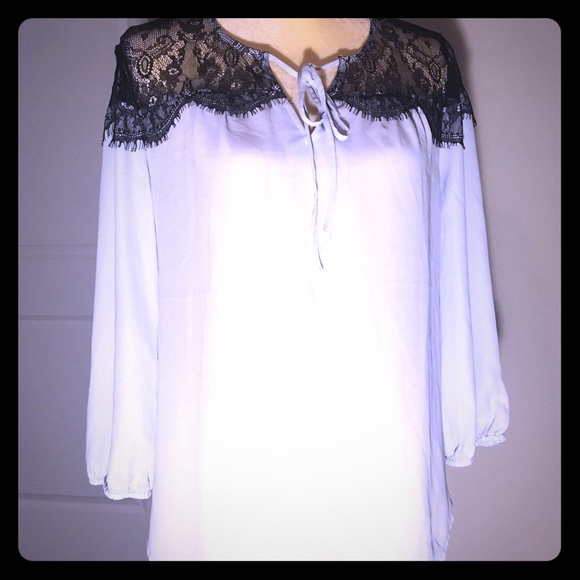 Cato | Tops | Cato Pretty Light Blue Peasant Top Black Lace M | Poshmark